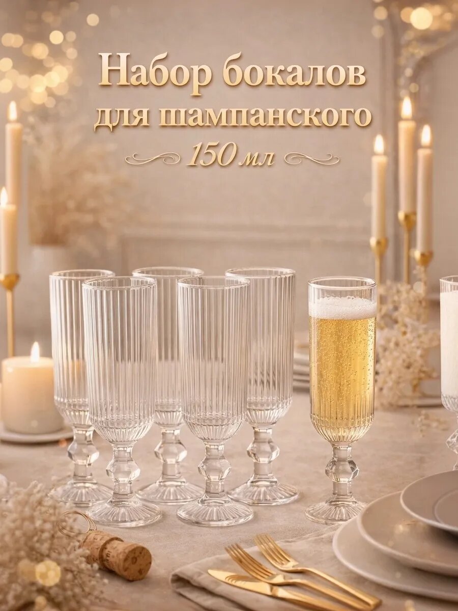 Набор бокалов для шампанского "Грани" 150 мл, 6 шт, р-р 1й шт 5,5х18,5 см