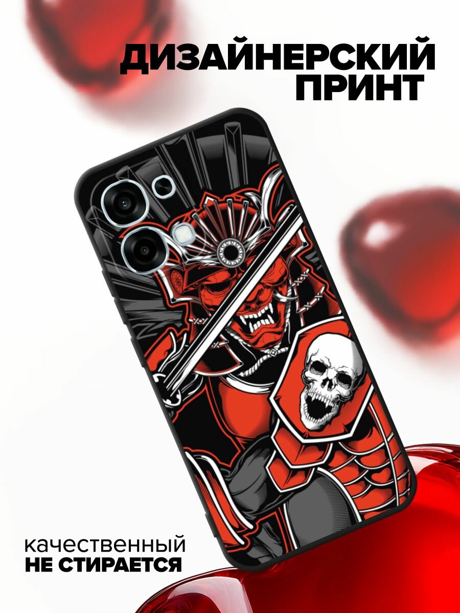 Черный матовый чехол на Oppo A6 Pro / Оппо A6 Про с принтом Самурай с черепом — фото 1