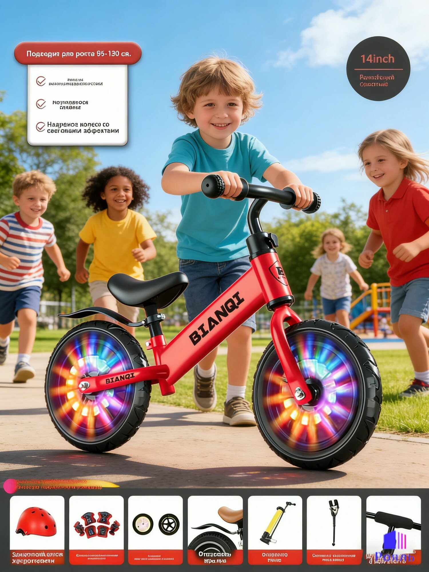 Детский беговел (велобег) без педалей, 14 дюймов, для роста 95-130 см, стальная рама, с подсветкой колес, от 2 до 8 лет