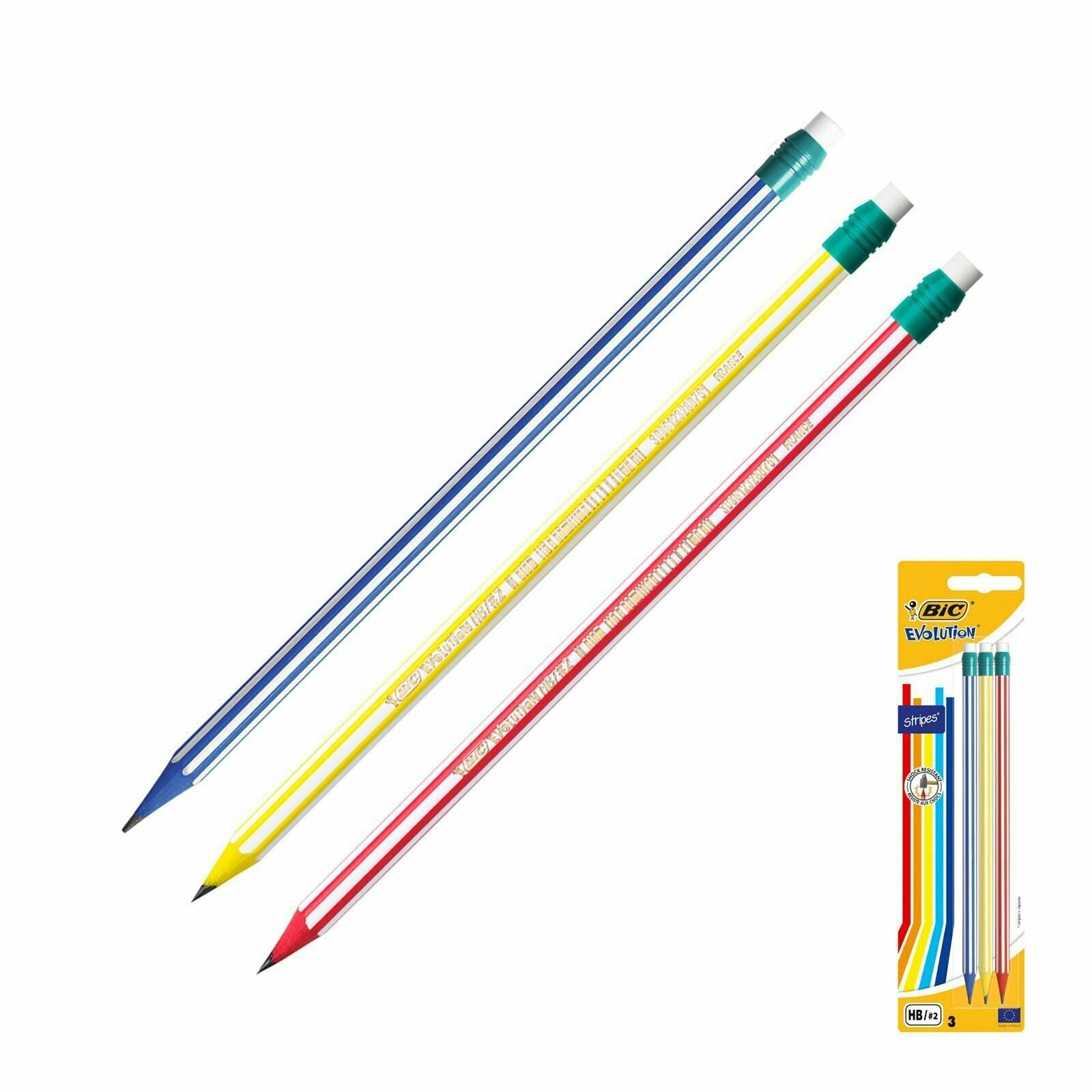 Карандаши чернографитные BIC Evolution "Stripes", набор 3 шт, HB, с ластиком, блистер