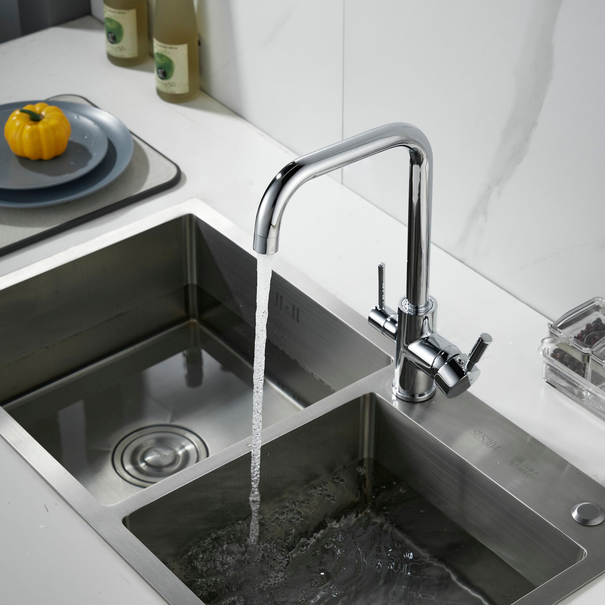 Смеситель для кухни ALOUTE 340 мм однорычажный, Хром со встроенным краном под питьевую воду.