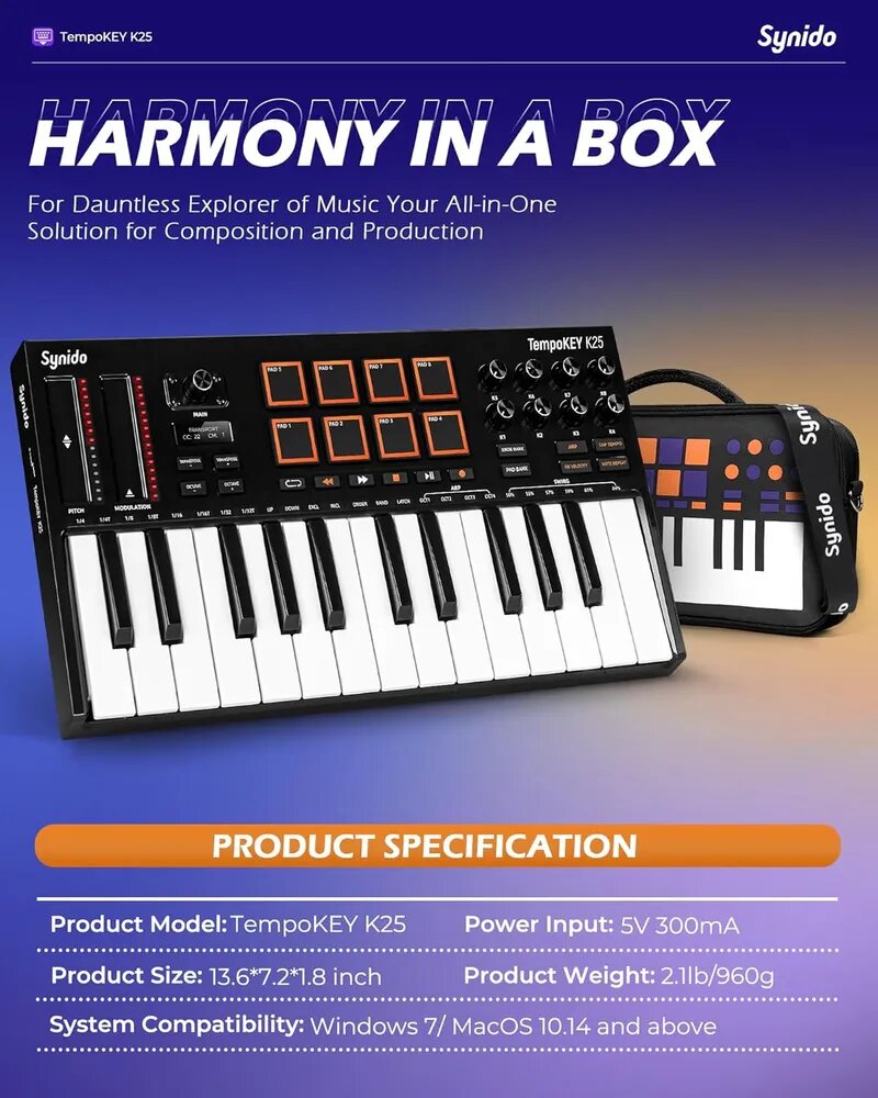 Synido TempoKEY K25 электронная музыкальная клавиатура перкуссия пэд midi клавиатура контроллер