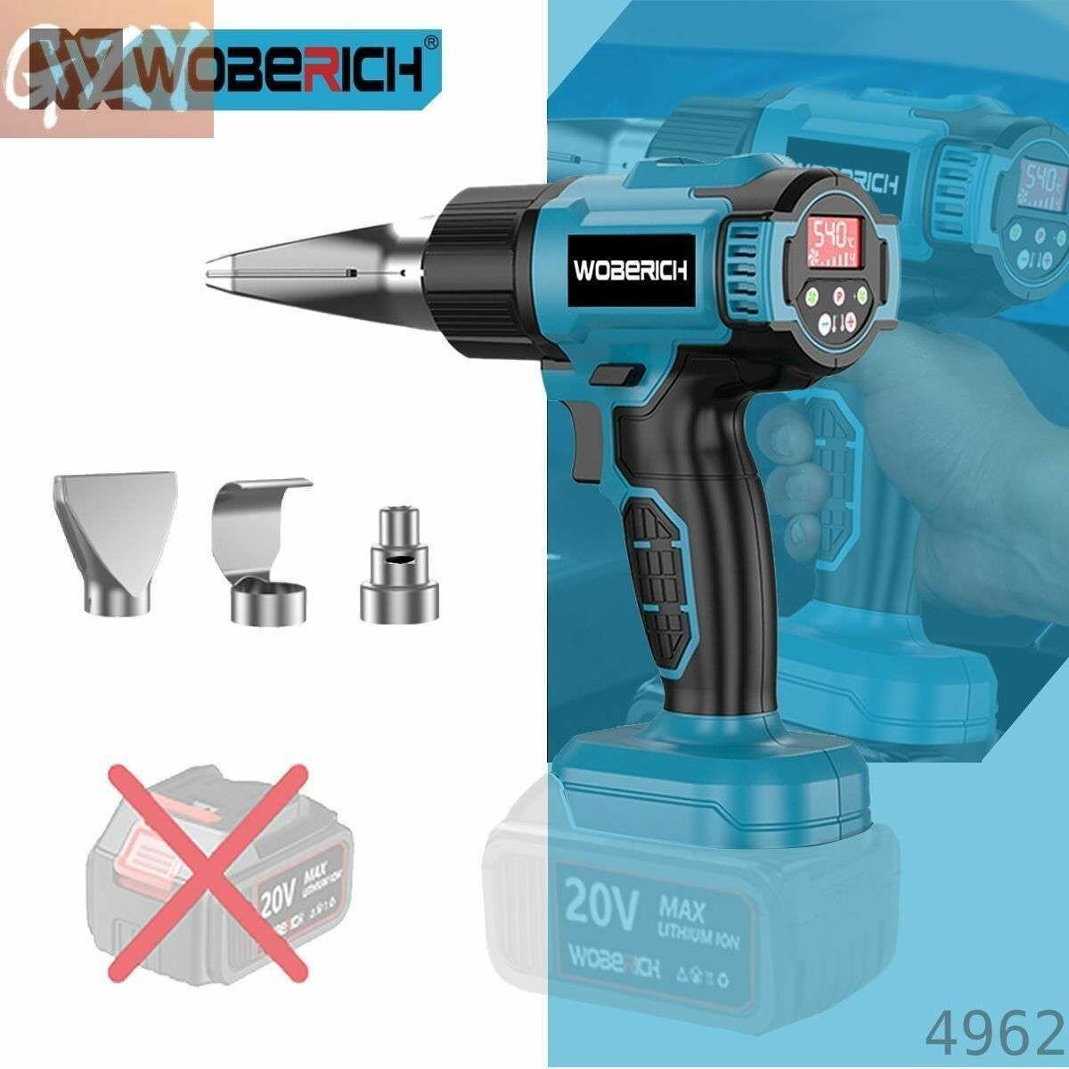 Фен строительный с регулировкой температуры, фен строительный с дисплеем 3 насадки 0 акб123