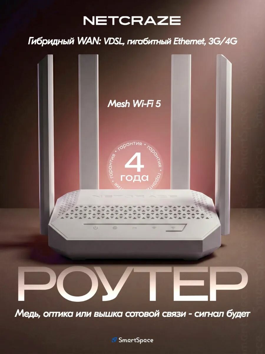 Роутер с Mesh Wi-Fi 5 AС1200, 4-портовым Smart-коммутатором, портами DSL и USB Netcraze Speedster DSL (NC-2113)