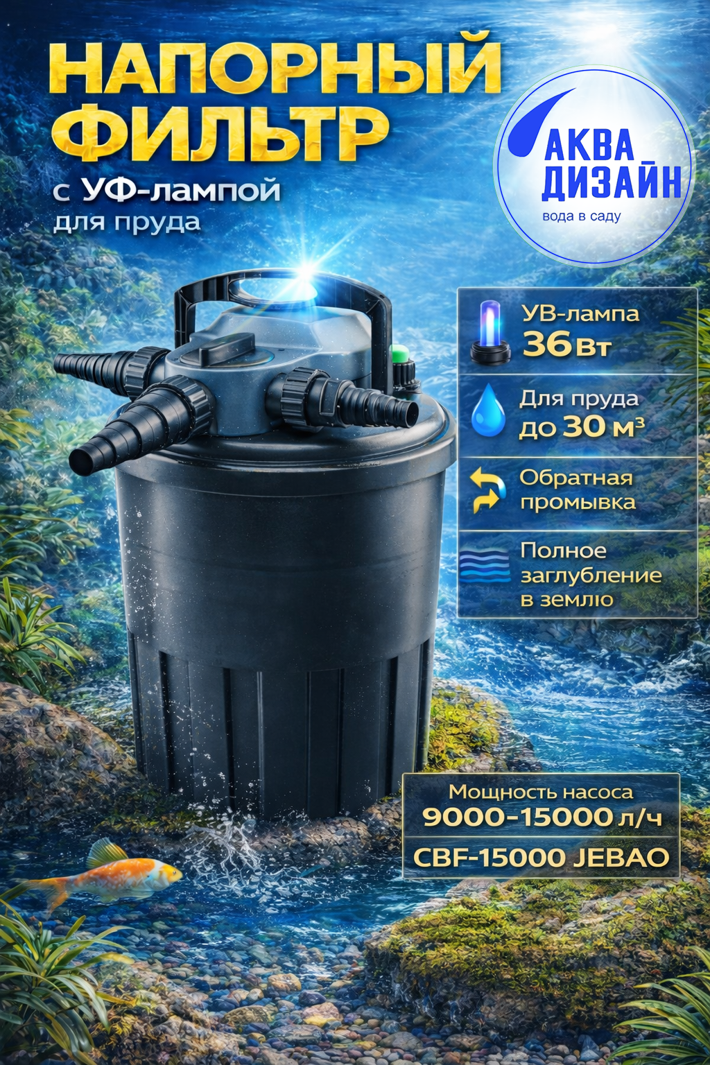 Напорный фильтр с уф-лампой для пруда CBF-15000 JEBAO(UV-лампа-36Вт; до 30м3)