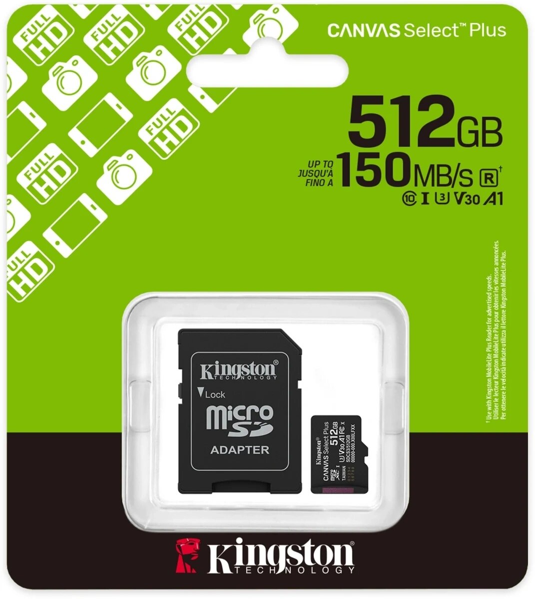 Карта памяти Kingston Canvas Select Plus SDCS3/512GB microSDXC 512GB V30 A1 + adapter