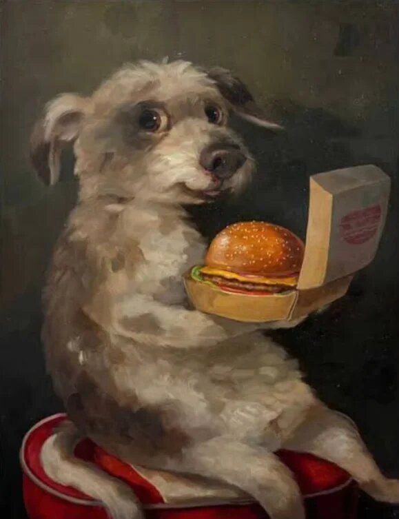 Печать на холсте "Щенок с гамбургером", 30x40см, хаки