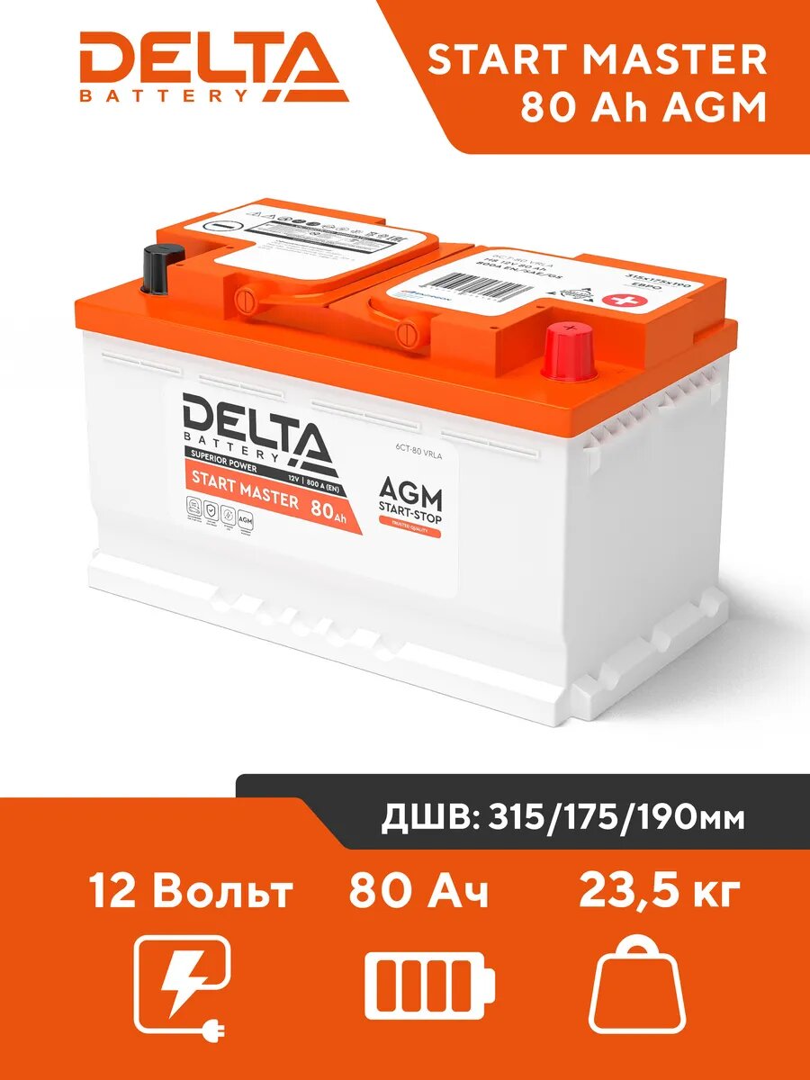 Аккумулятор автомобильный 80 Ah 12V AGM обратная полярность