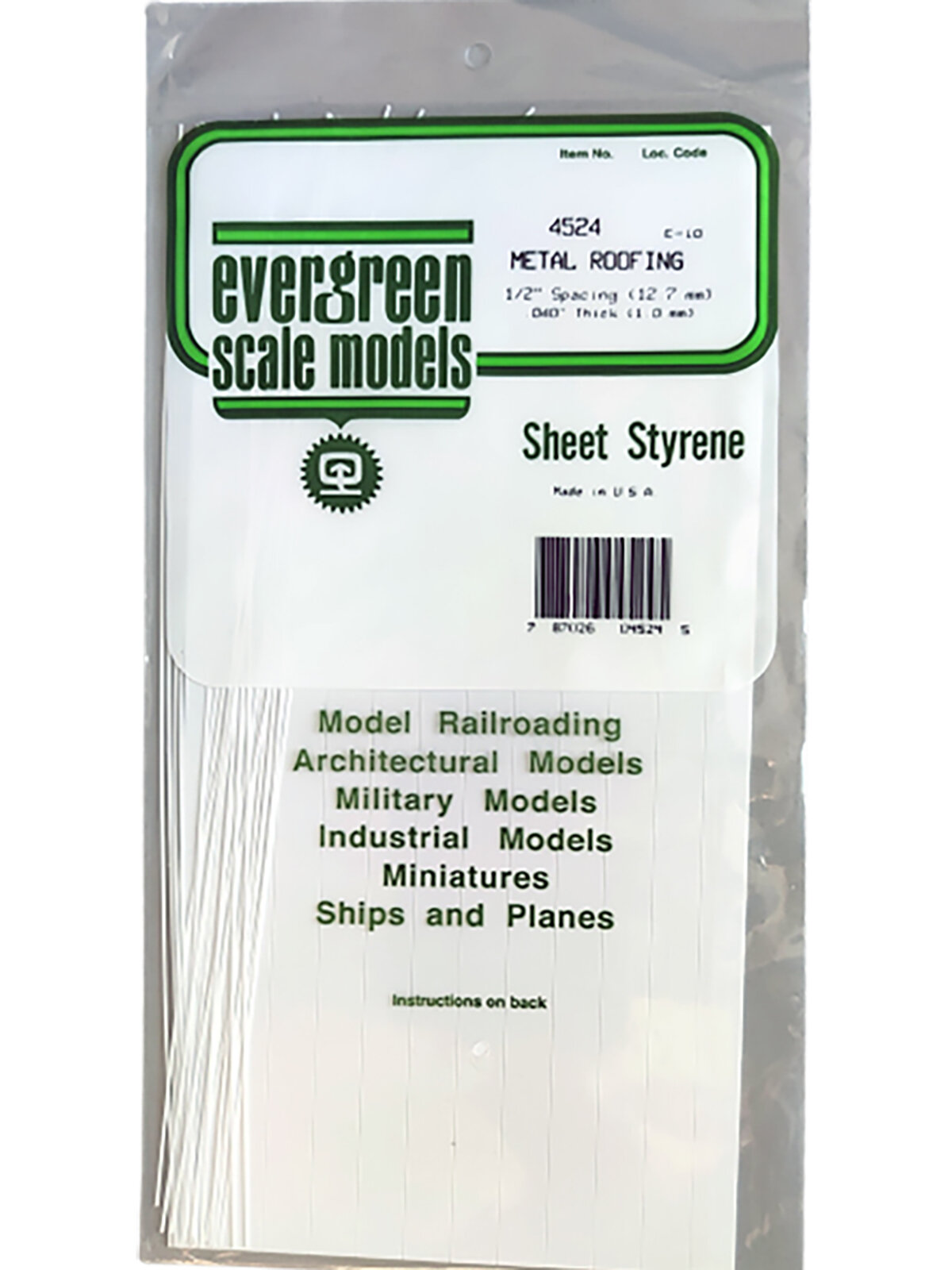 Кровля пластиковая, шаг 12.7 мм, лист 15х30 см, для моделирования, Evergreen