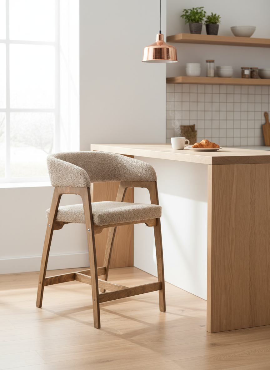 Полубарный стул мягкая посадка с подлокотниками и с мягкой спинкой, бежевое букле, ножки светлые 54х58х93 см