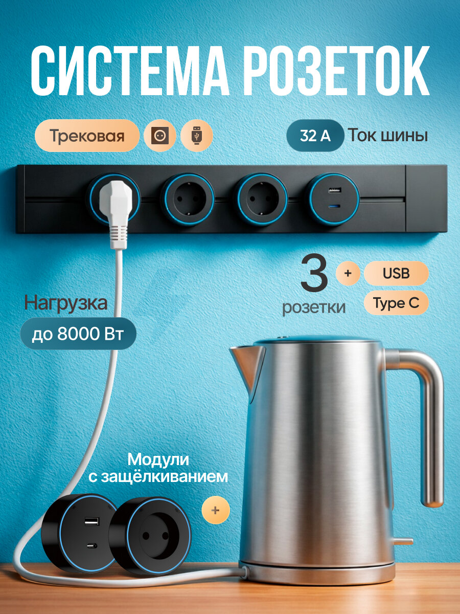 Трековая система розеток TrailBit, 3 евророзетки, USB + Type C