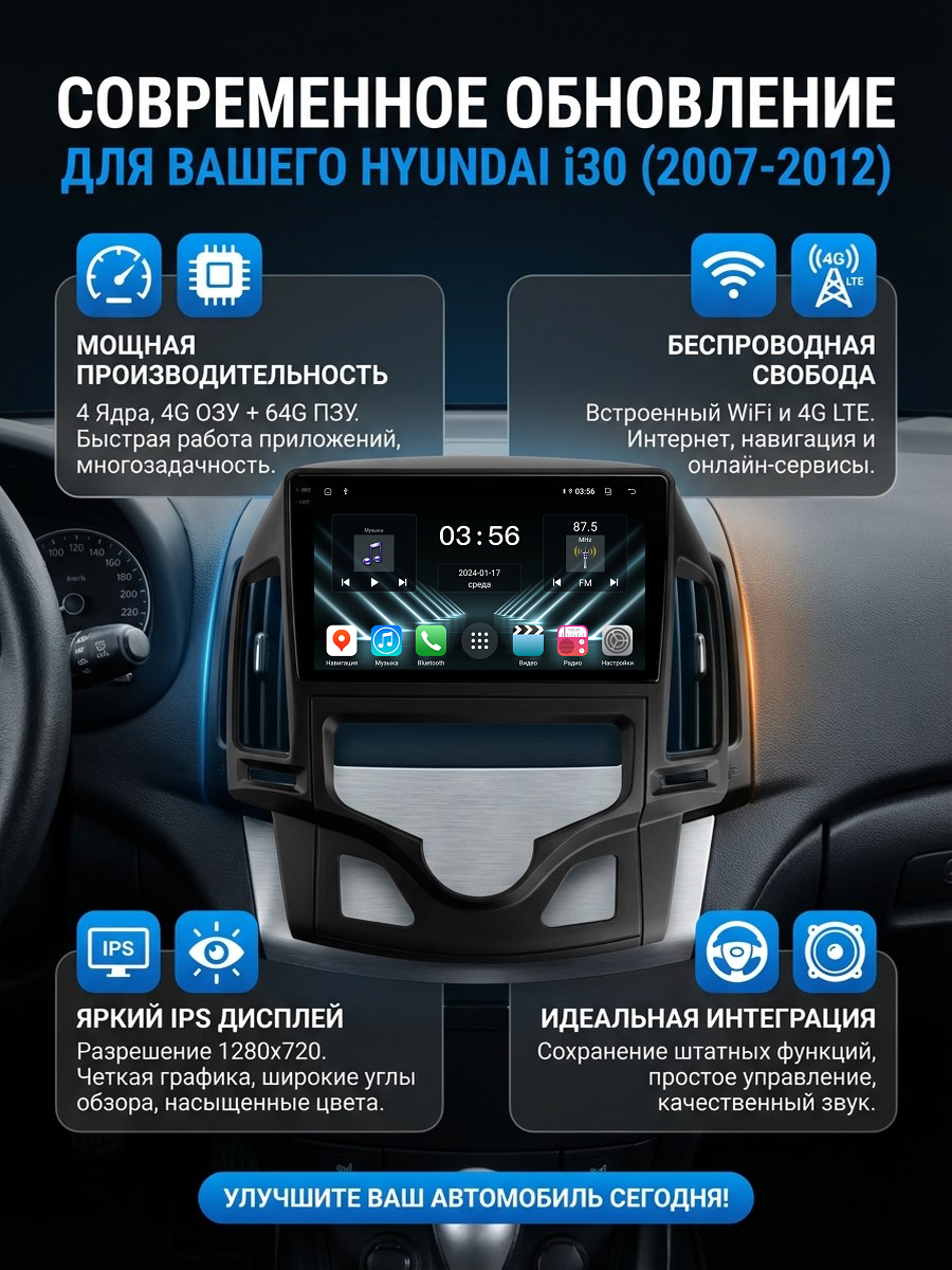 Магнитола автомобильная Хендай i30 (Hyundai i30 1 FD) 2007-2012 F2 Климат-контроль (4GB/64GB/WiFi/GPS/BT/IPS)