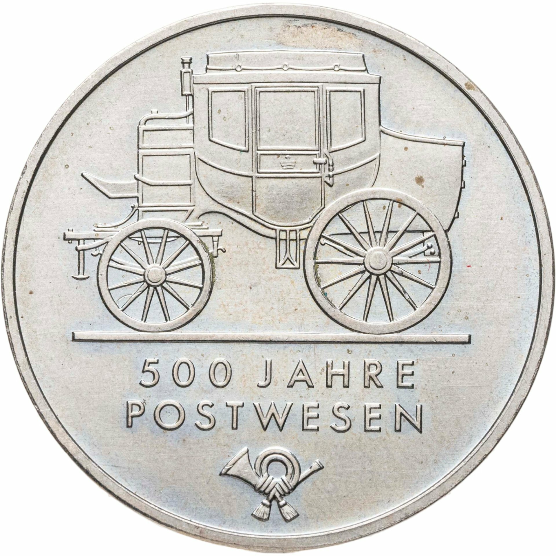 Германия ГДР 5 марок mark 1990 "500 лет почте", Мельхиор медь-никель, в сохранности UNC