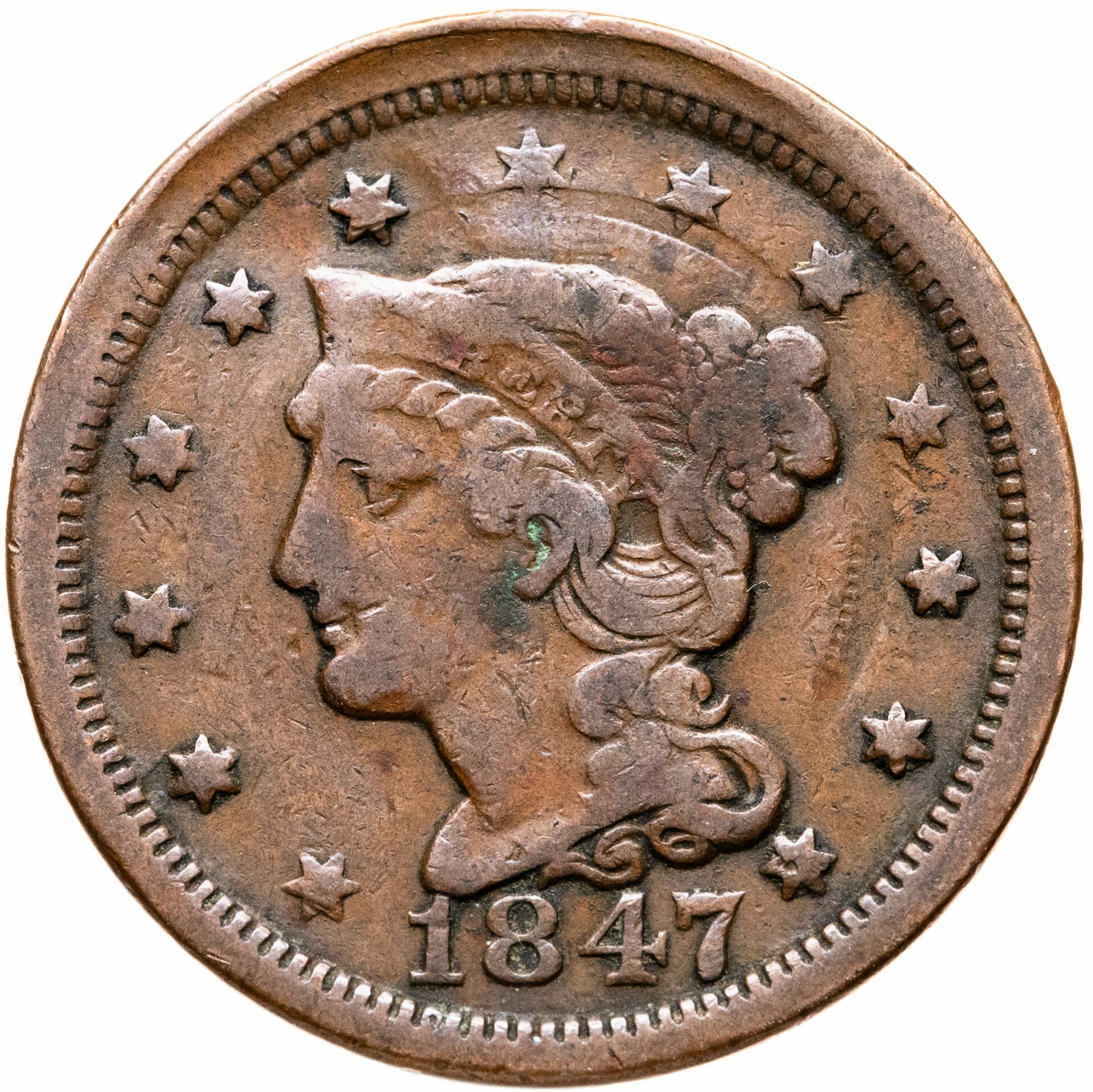 США 1 цент 1847 Liberty Head Cent, Медь, в сохранности VF