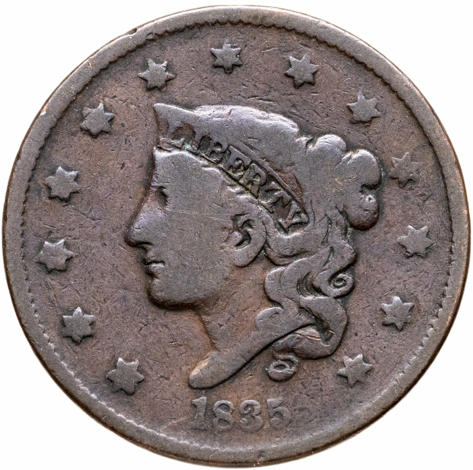 США 1 цент 1835, Медь, в сохранности F-VF