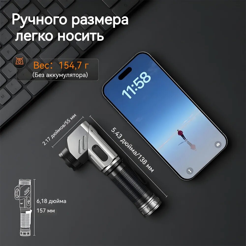 Многофункциональный ручной фонарь с двойным источником света, боковым клапаном для ручки, сильным магнитом, вспышкой в одно касание, вращением на 90 градусов для освещения — фото 1