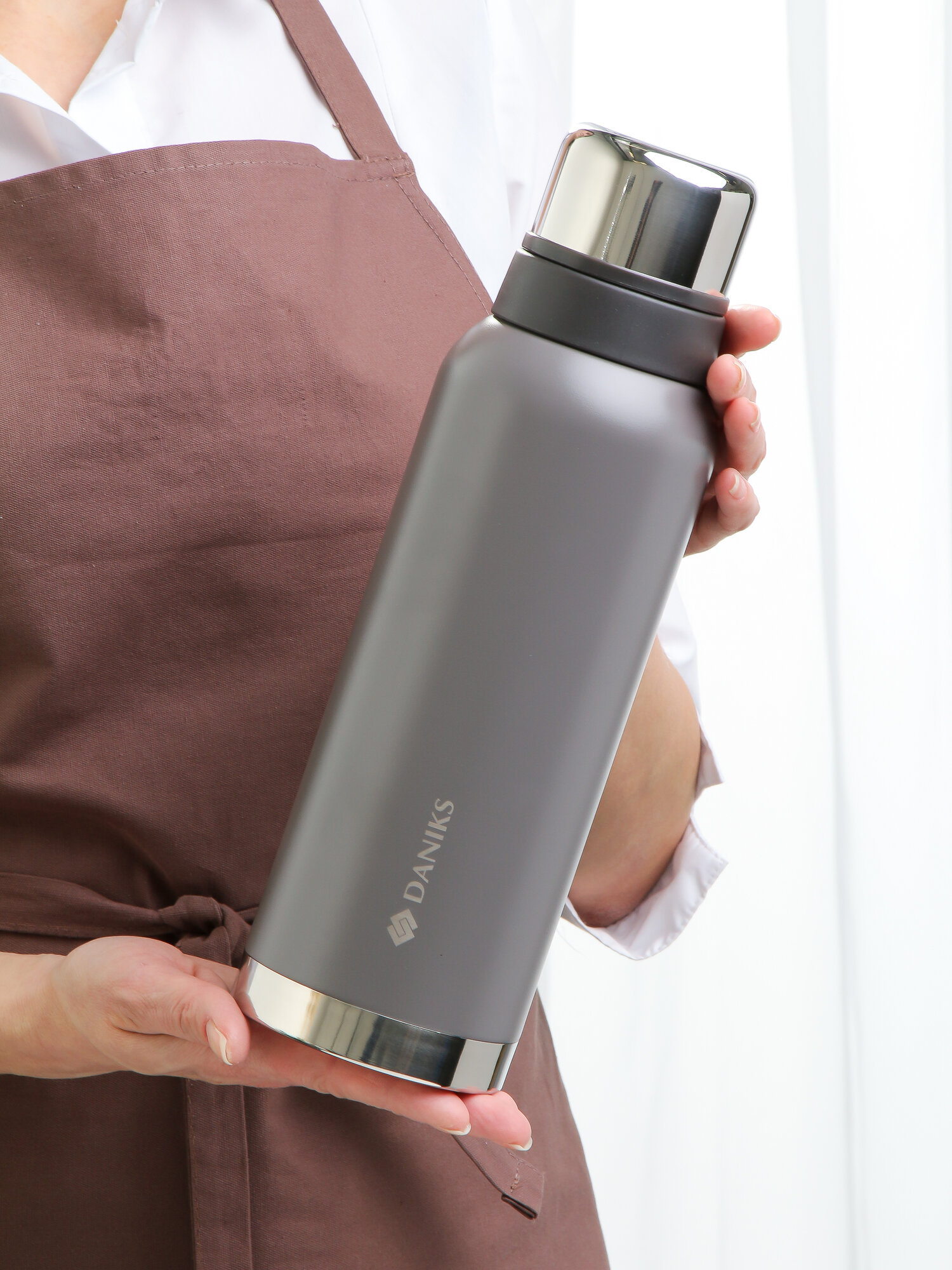 Термос Daniks Эгида 1.2 л, нержавеющая сталь, узкое горло, серый, для походов, спорта, сохраняет тепло 48ч, DBR-1200