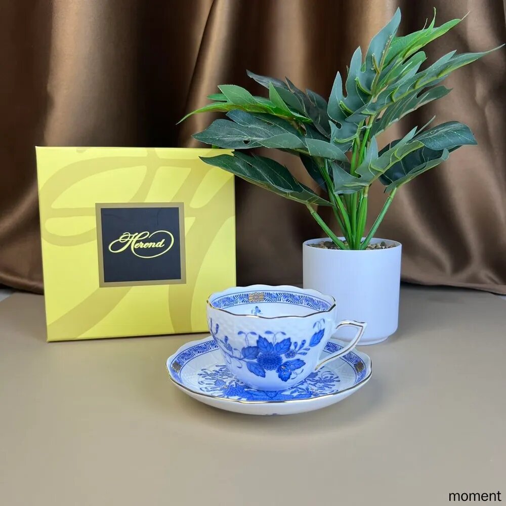 Чашка Herend 200 мл, 2 шт костяной фарфор, для чая, с ручкой и ложкой, бело-голубая