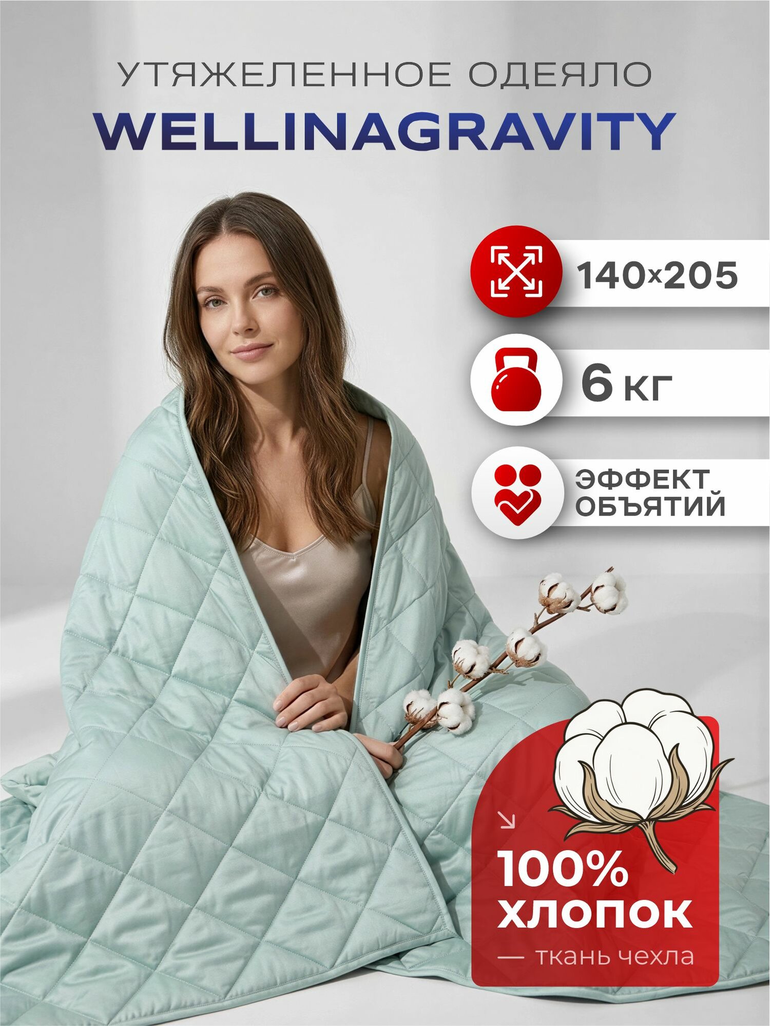 Утяжеленное одеяло 140x205 6 кг WELLINAGRAVITY мятное сенсорное