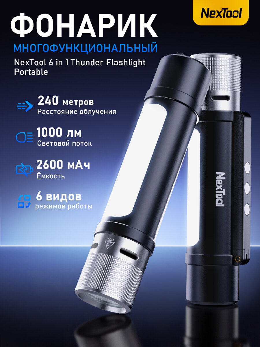 Фонарь ручной Xiaomi NexTool "Natuo", 6 функций, питание от аккумулятора, черный
