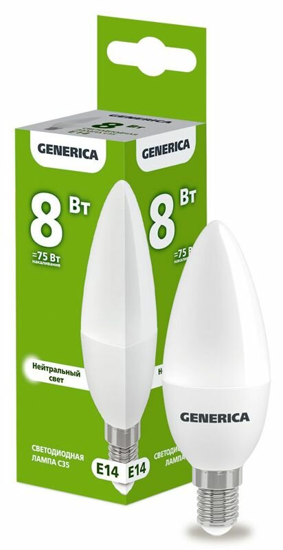 Лампа светодиодная C35 8Вт свеча 4000К E14 230В GENERICA LL-C35-08-230-40-E14-G-10 шт