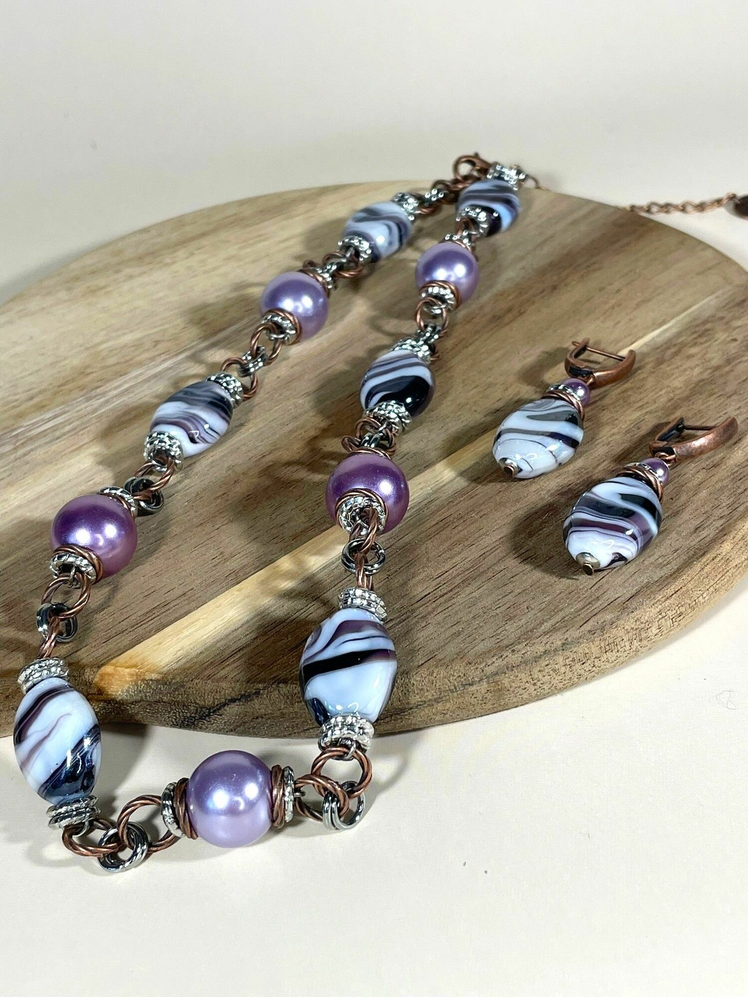 Комплект бижутерии: серьги, колье, стекло, металл, жемчуг имитация, муранское стекло