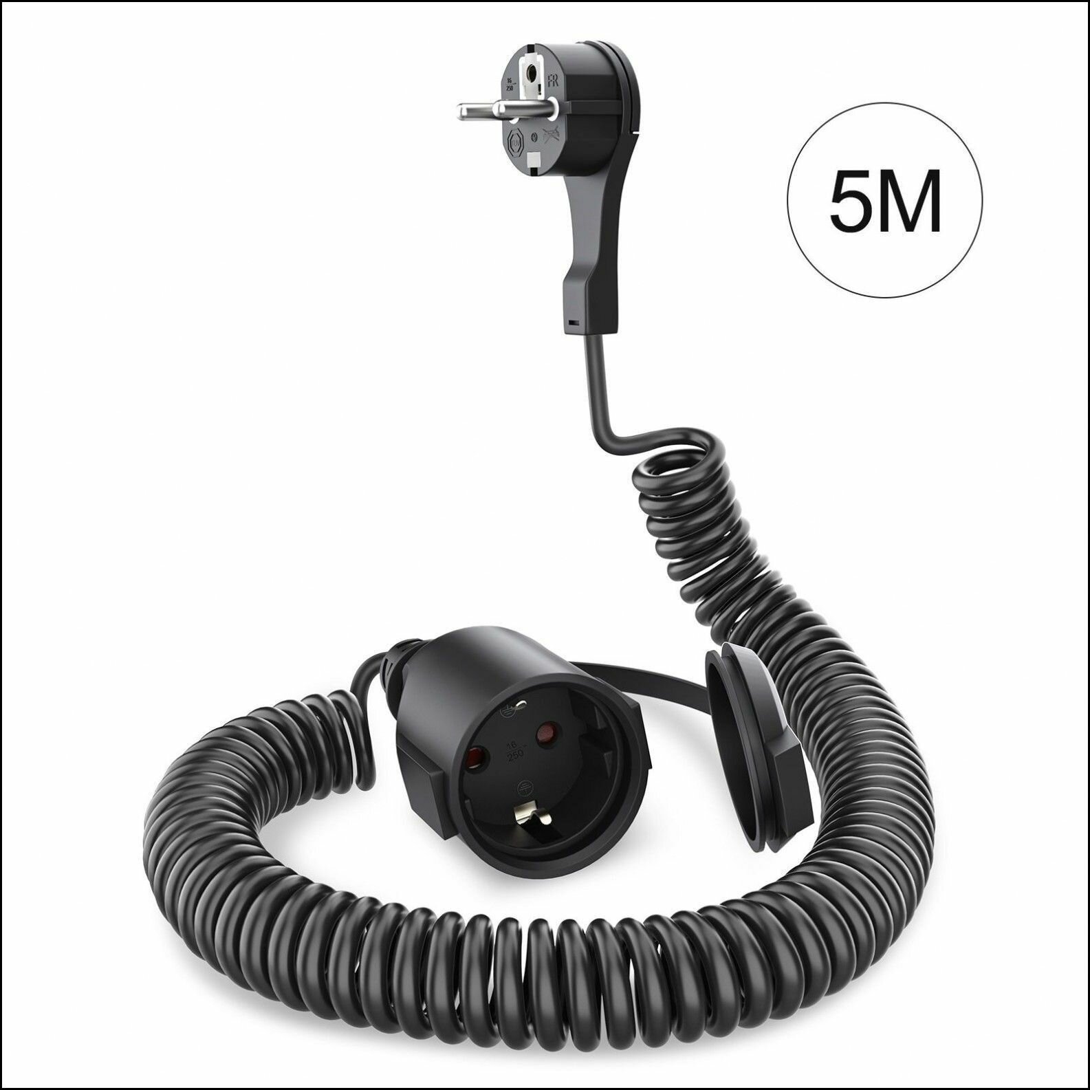 HITRENDS Пружинный кабель PVC (евро с крюком) 5м 1мм черный - гибкий провод для розеток, удлинителей и переносок