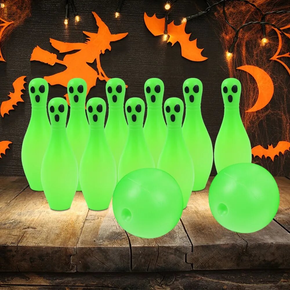 Светящийся боулинг на Хэллоуин: 10 светящихся кеглей и 2 шара, 20 см
