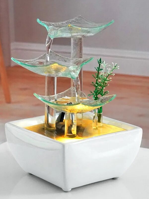 Настольный Фонтан для дома 21cm, Стеклянный материал, с теплым белым светом