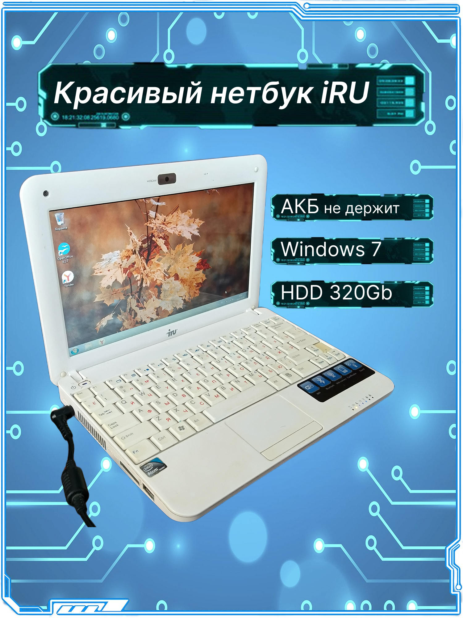 10.1" Нетбук IRU 810-5, Intel Atom N455, RAM 2 ГБ, HDD 320 ГБ, белый с принтом. Windows 7. Товар уцененный.