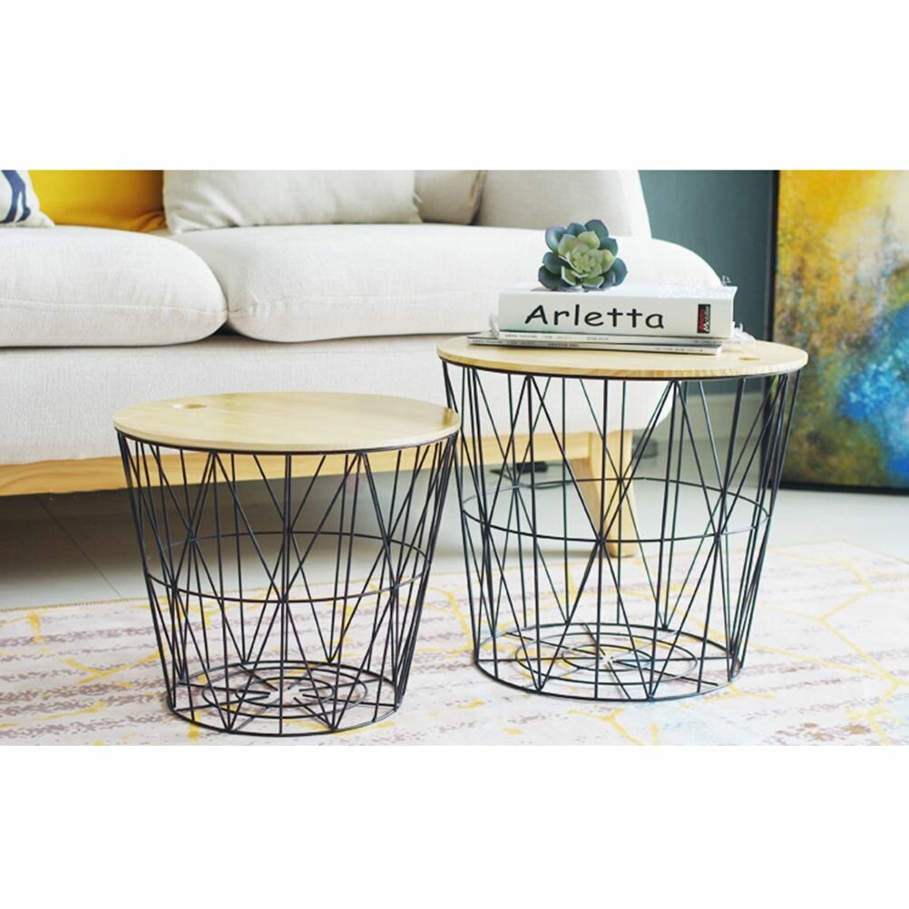 Металлическая решетчатая корзина с бамбуковой отделкой для домашнего хранения