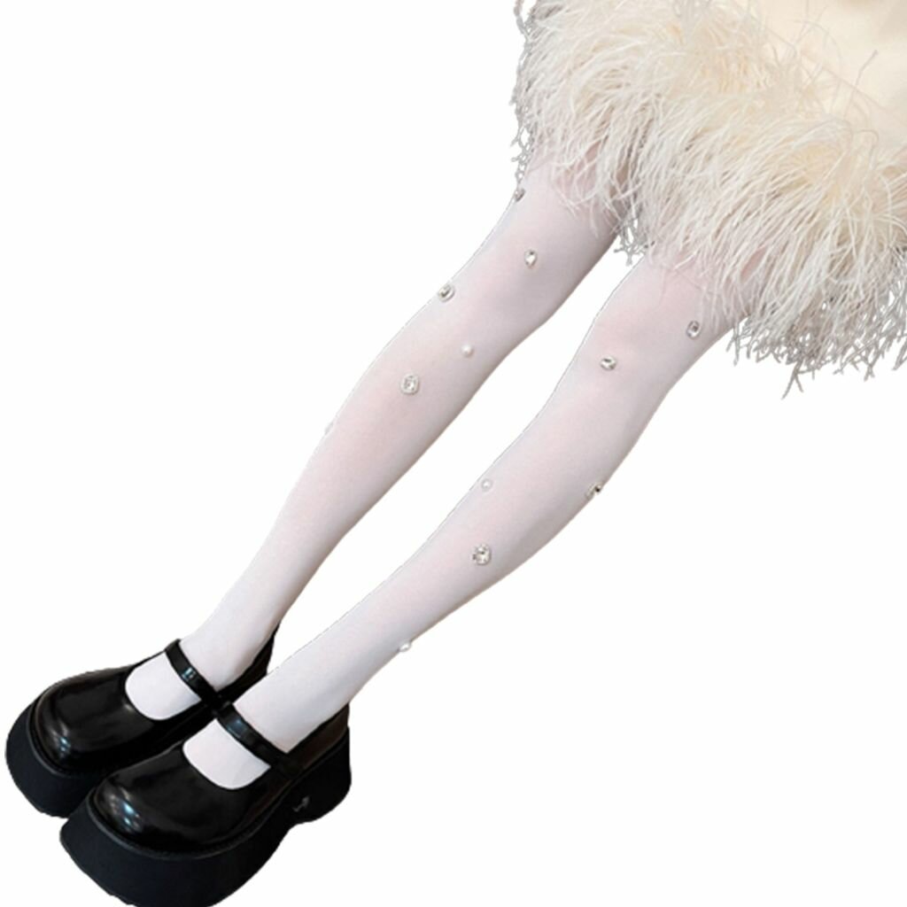 Нижние чулки со стразами и яркими бусинами-белые