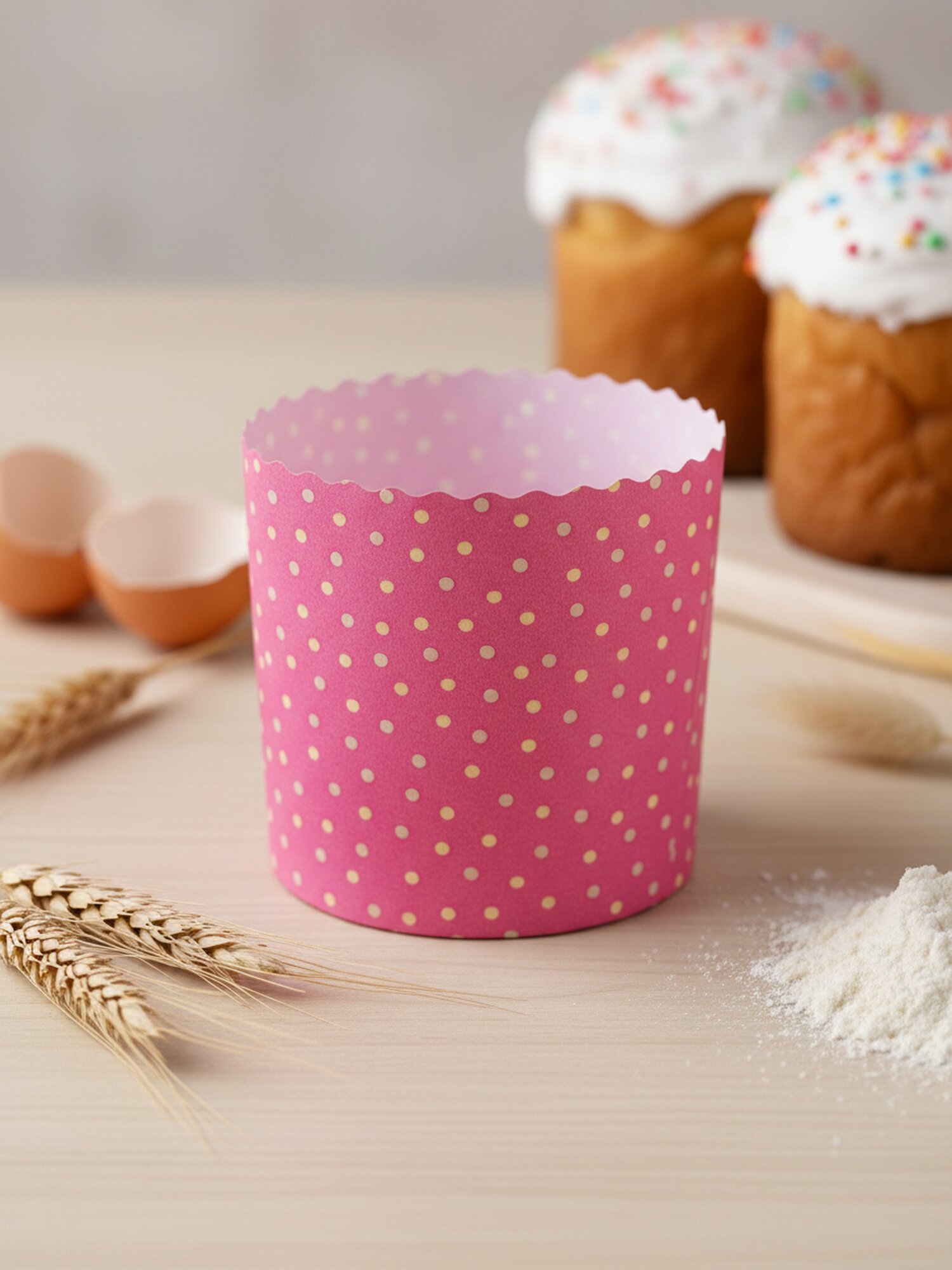 Набор бумажных форм для выпечки пасхальных куличей Мультидом Горошек, 9х9 см, 3 шт, розовые круглые жаропрочные.