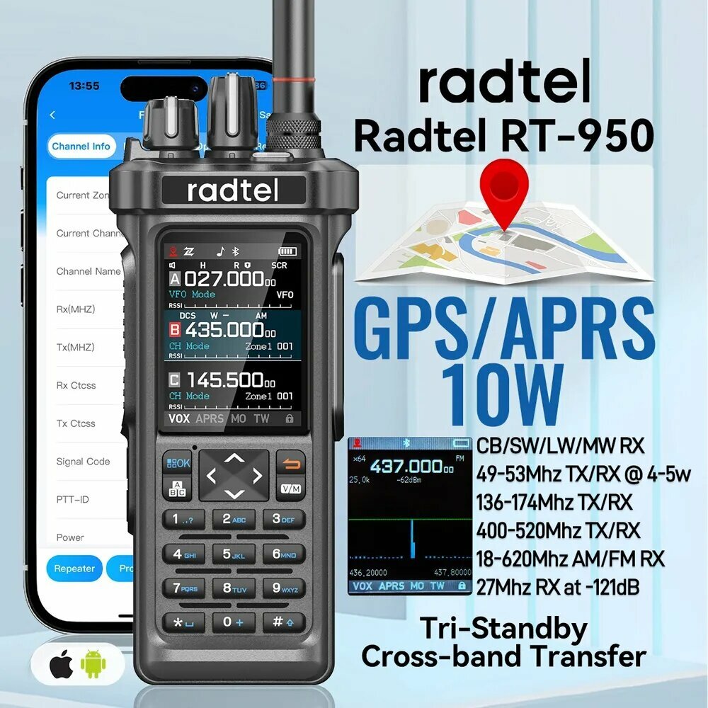 Radtel RT-950 10Вт, 27МГц прием, GPS/APRS, Блютуз, NOAA, двухстороннее радио