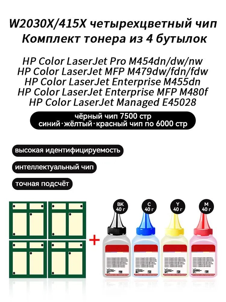 Тонер W2030X (HP415X) тонер 40гр + чип для HP Color LaserJet Pro M454dn M454dw M479dw M479fdn M479fdw M454nw M455dn M480f E45028, совместимый, Набор CMYK, 4 шт