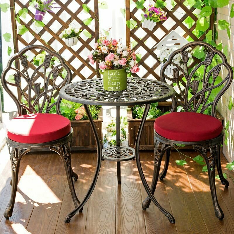 Садовая мебель из литого алюминия для балкона и террасы — стол и 2 стула, европейский стиль, для холодной погоды