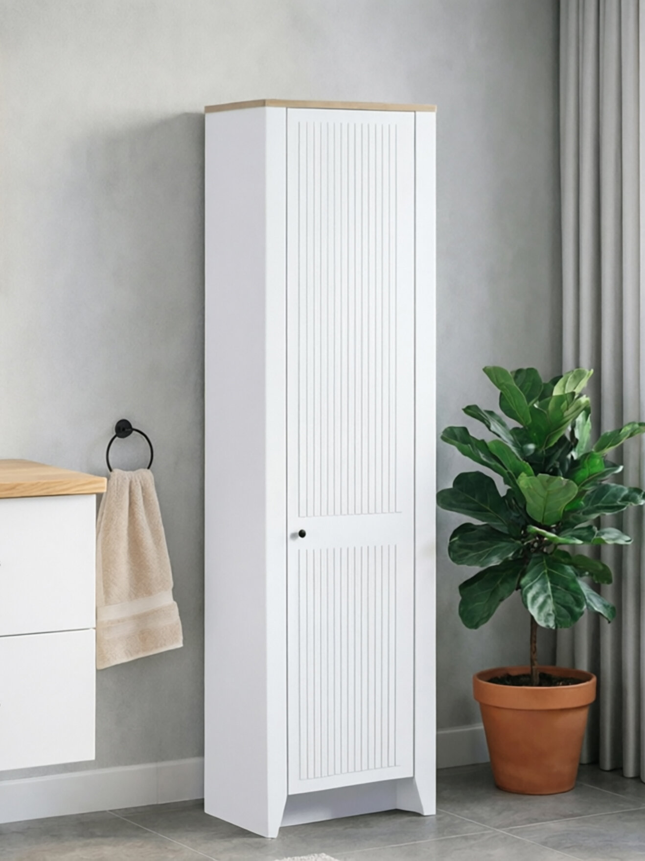 Шкаф однодверный столплит Монтана СБ-3556 без зеркала, 5 полок, ЛДСП, Белый Альпийский, Дуб Гамильтон/МДФ Дуб Белый, 60Х42Х223 см