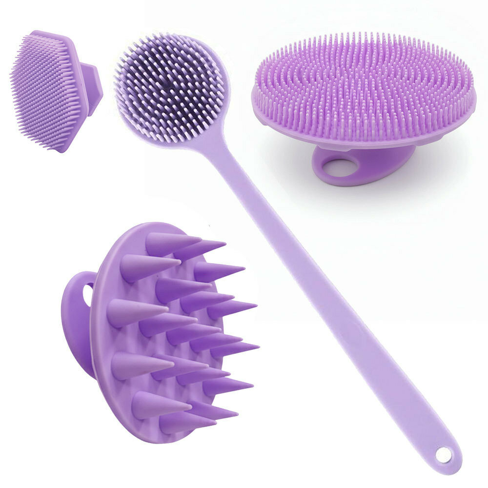 Набор из четырех предметов для умывания лица, мытья волос и тела: силиконовая щетка для ванны, очищающее средство для лица, щетка для тела и массажер с длинной ручкой.