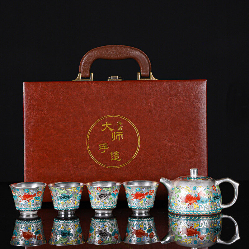 Элитный серебряный чайный сервиз из чистого серебра 999 пробы, чайник с ручной резьбой и плавающей крышкой, полный комплект сборного чайного сервиза для кунг-фу.