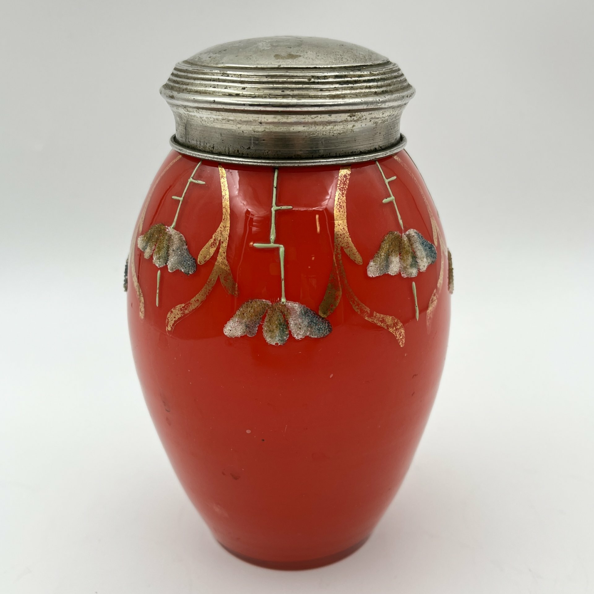 Чайница красного цвета с цветочным декором (винтаж), стекло, роспись