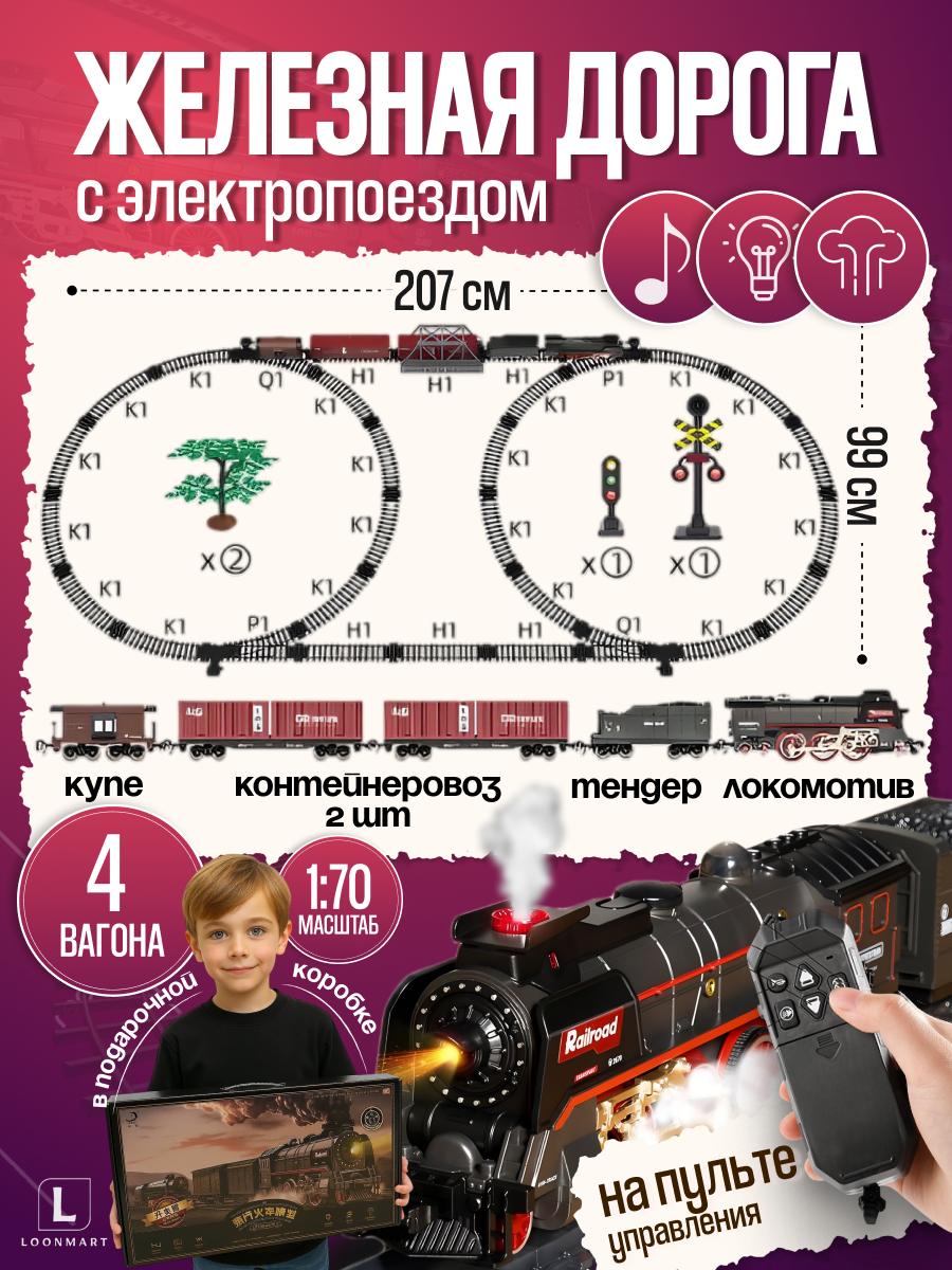 Железная дорога Fenming Toys, с паровозом, со световыми и звуковыми эффектами, питание от аккумулятора