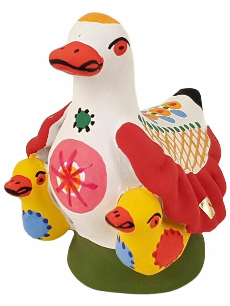 Уточка №2 с 2 утятами (1), Дымковская глиняная игрушка, ручная авторская работа