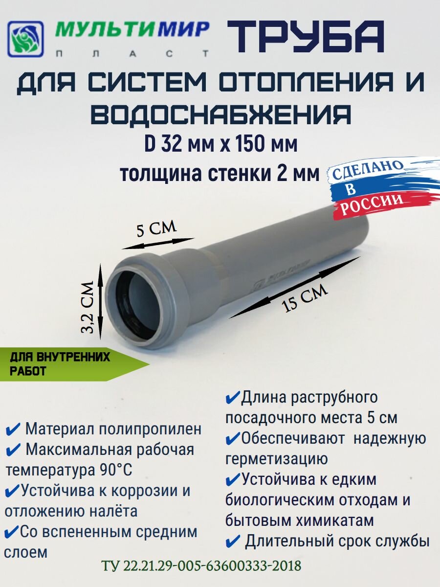 Труба ПП 32 мм х 150 мм для систем отопления и водоснабжения МультимирПласт
