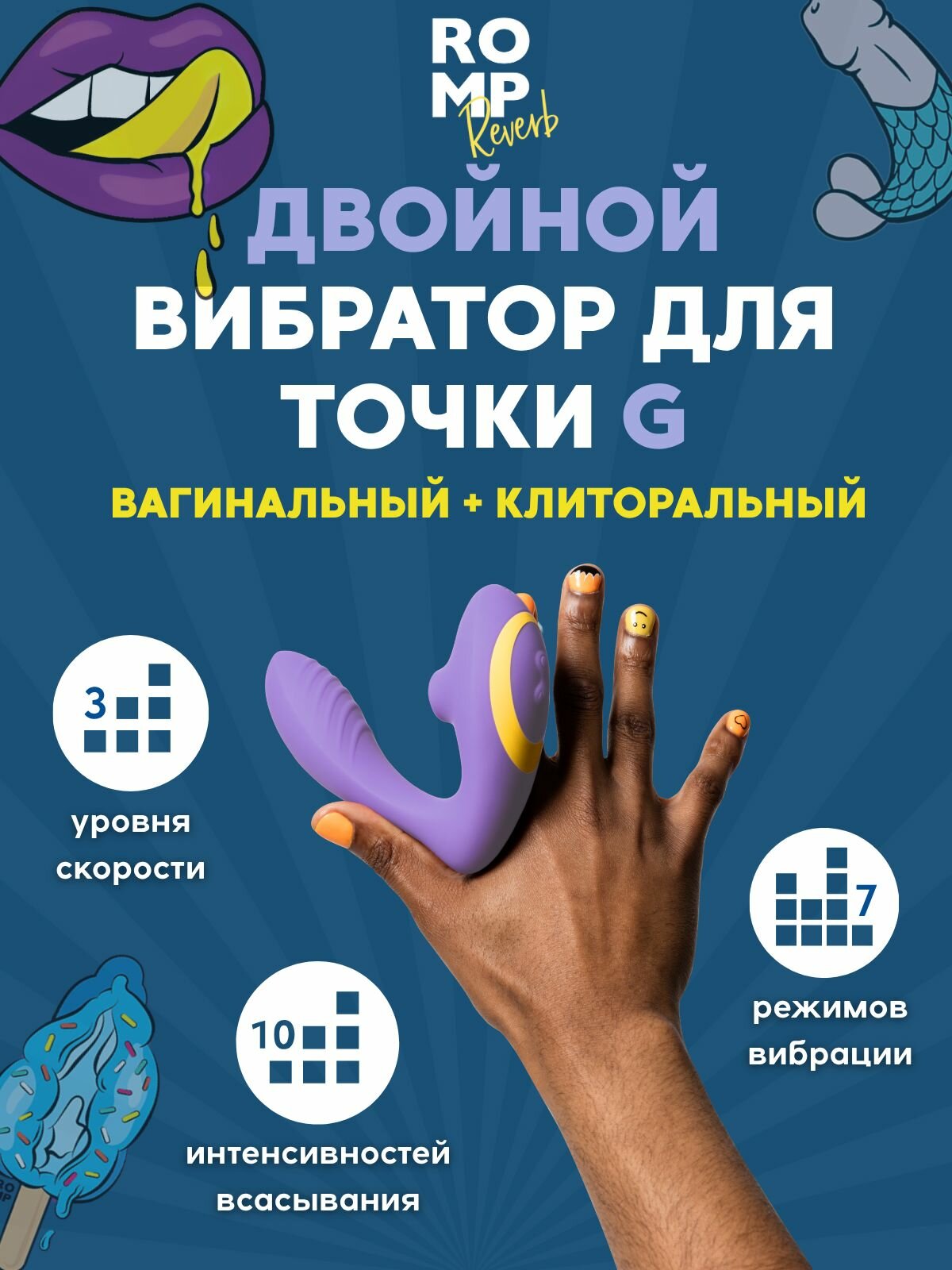 Вибратор двойной Romp Reverb сиреневый стимулятор клитора и точки G для двоих вагинальный и клиторальный вибромассажер