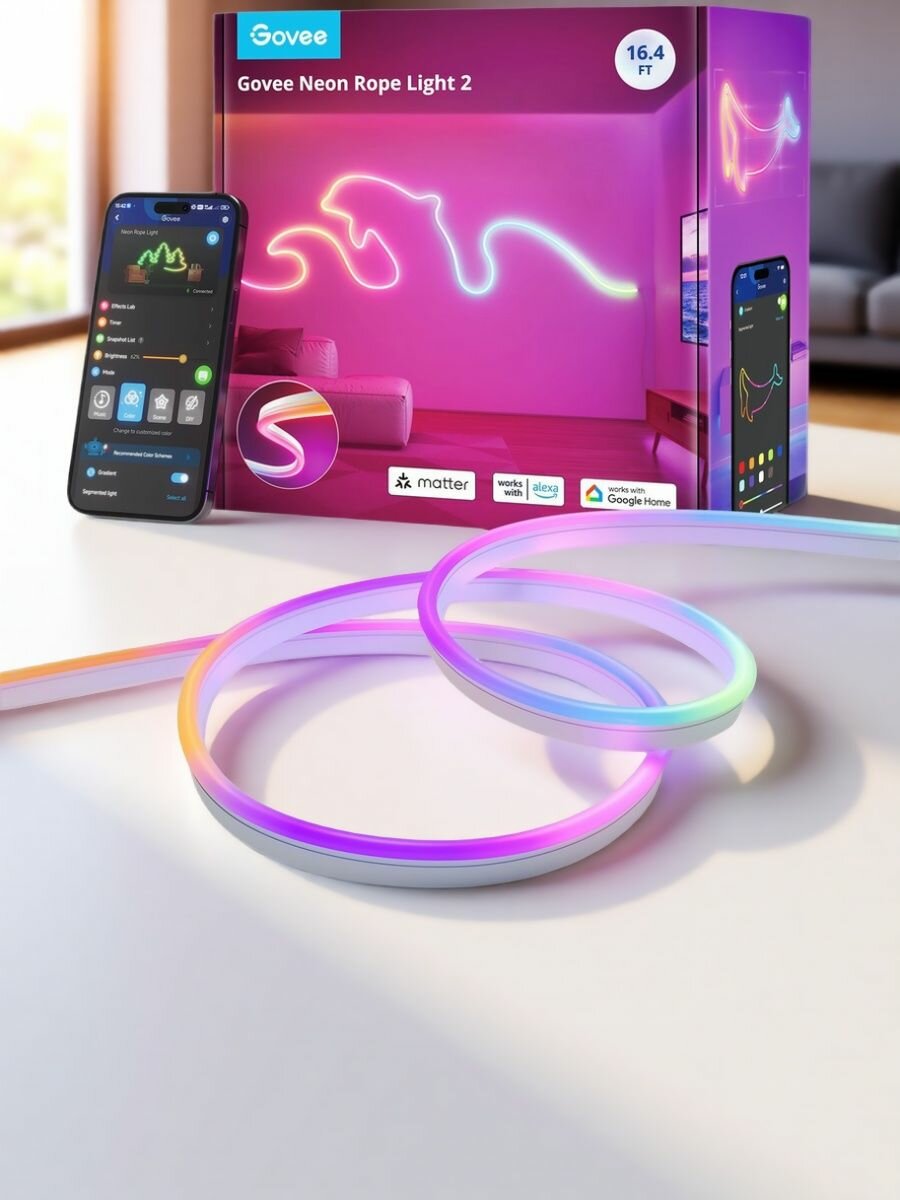 Cветодиодная лента RGB Govee Neon Rope Strip Light 2 H61D5301, умная LED подсветка 5 метров