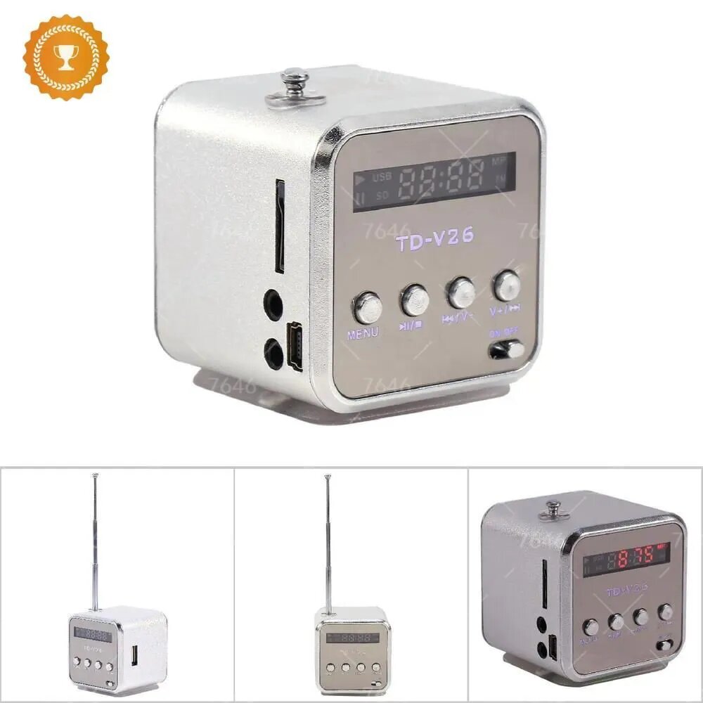 Магнитола TD-V26, серебристый, портативный MP3-плеер, USB/SD, для дома и улицы, компактный размер
