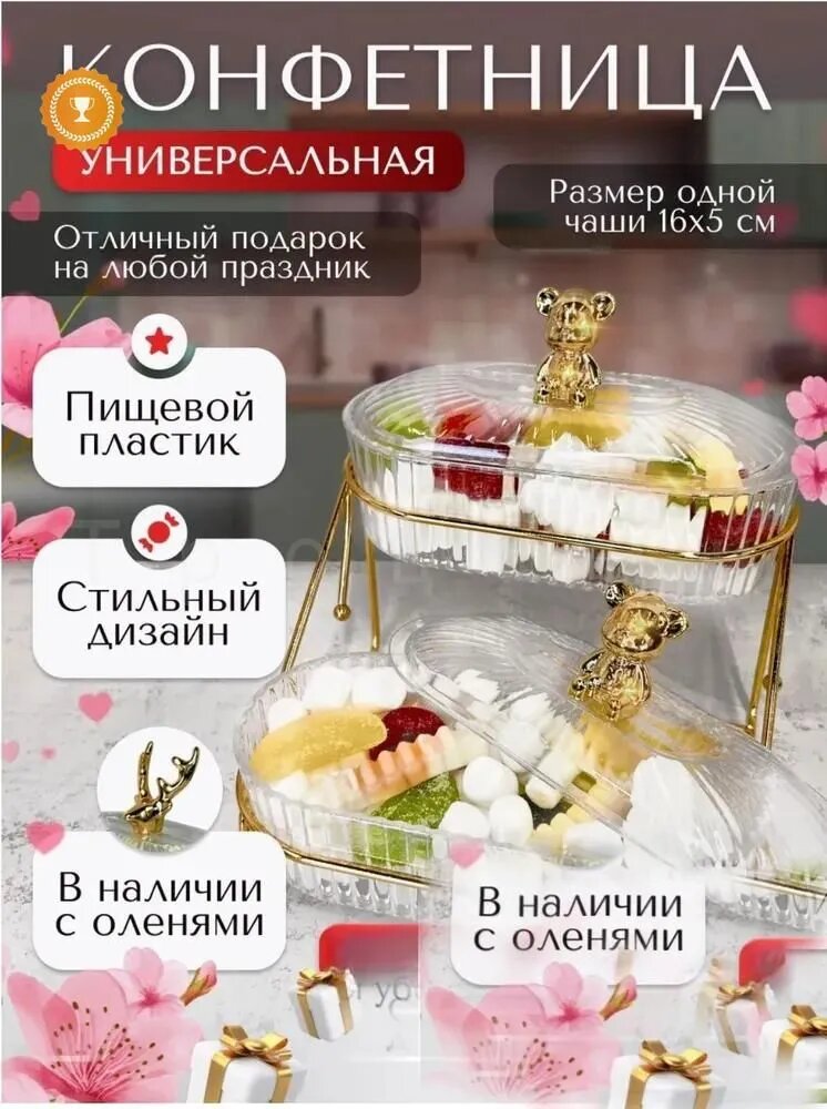 Конфетница с золотой фигуркой медведя, диаметр 17.5 см, на подставке, 1 шт