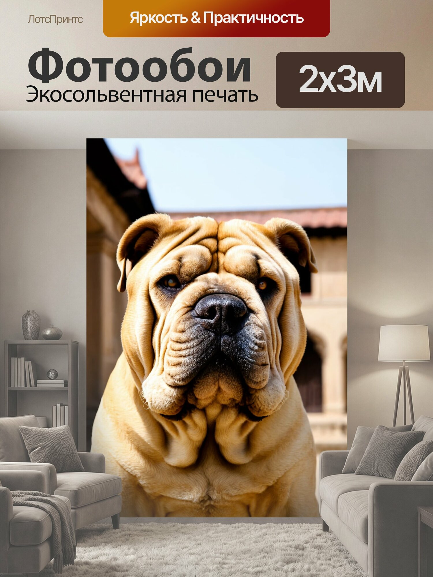 Фотообои "Собака шарпей, проявляющая свою неповторимую мордочку, на фоне старинного здания" 200x300 см. экосольвентная печать