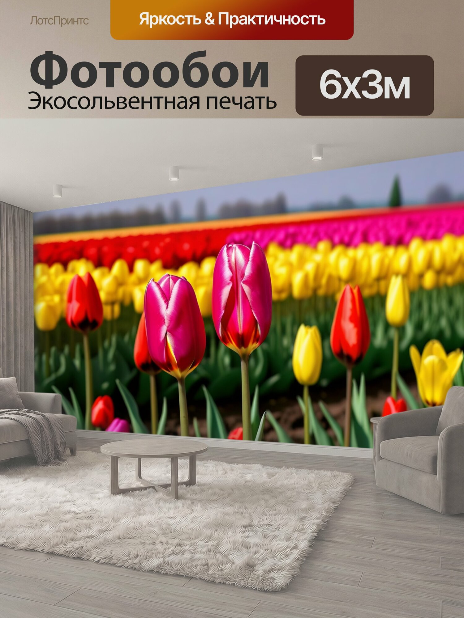 Фотообои "Тюльпан грация на поле с другими тюльпанами" 600x300 см. экосольвентная печать