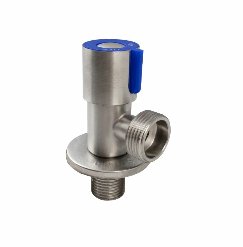 Магнус - Кран металлокерамика угловой 1/2"х3/4", синяя ручка, с отражателем, из нержавеющей стали марки 304